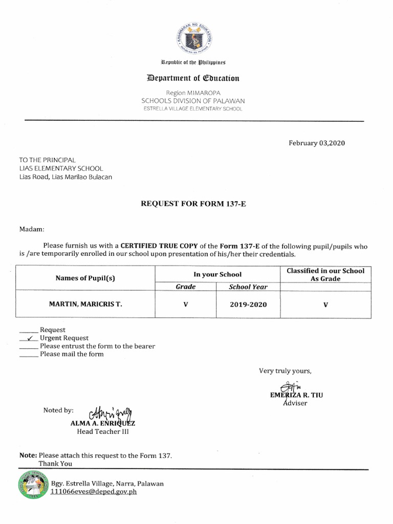 Request for Certified True Copy of Form 137-E for a Student's School ...