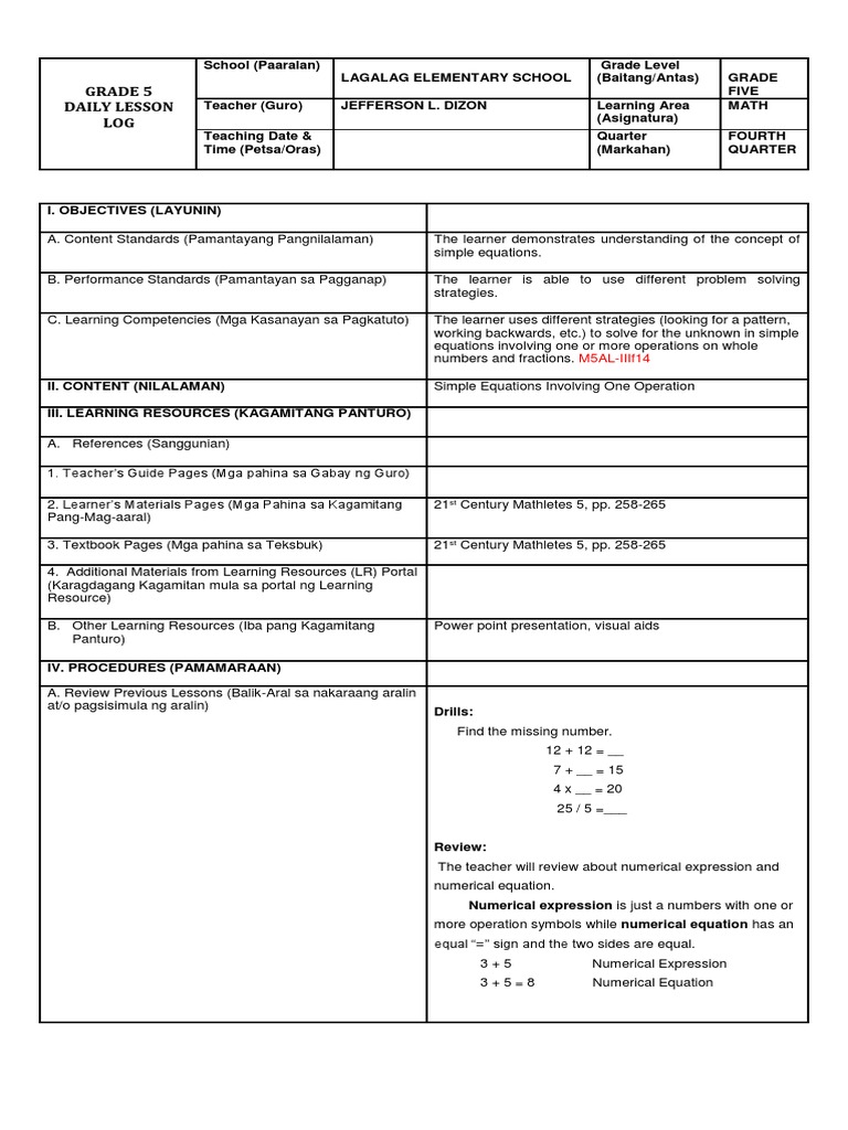 Lesson Plan Mathematics 5 | PDF | Numbers | Equations