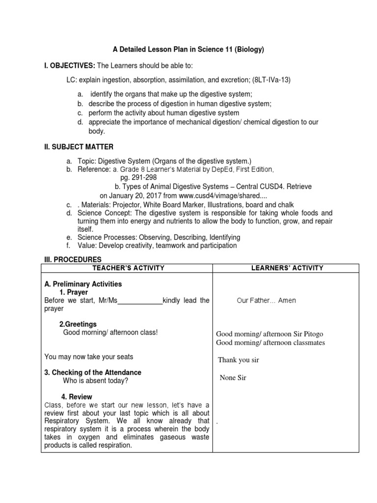 Detailed Lesson Plan: Digestive System | PDF | Digestion | Human ...