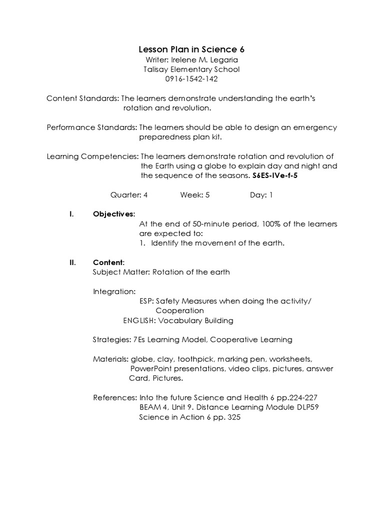 Earth Movement Lesson Plan for Grade 6 | PDF | Rotation | Earth