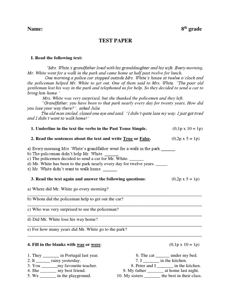 Test Paper Past Simple | PDF | Morphology | Onomastics