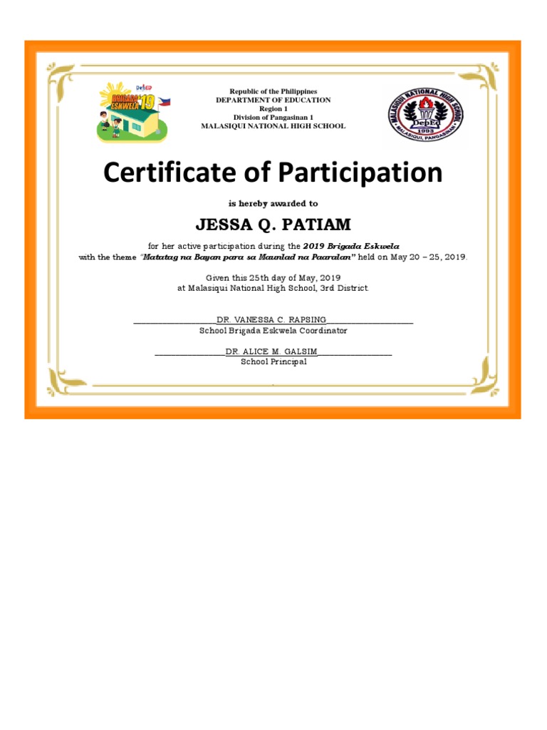 2019 BRIGADA ESKWELA2 Sample Certificate | PDF