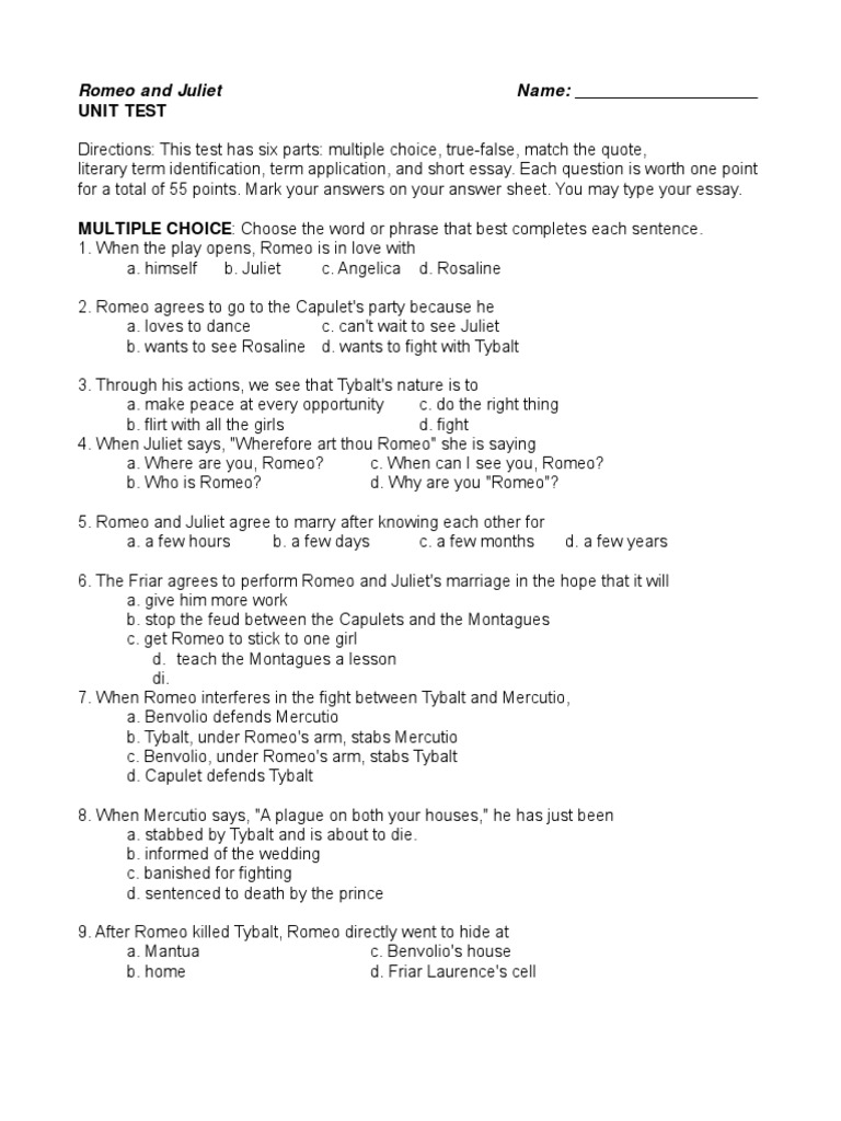 Romeo and Juliet Unit Test Guide | PDF | Characters In Romeo And Juliet ...