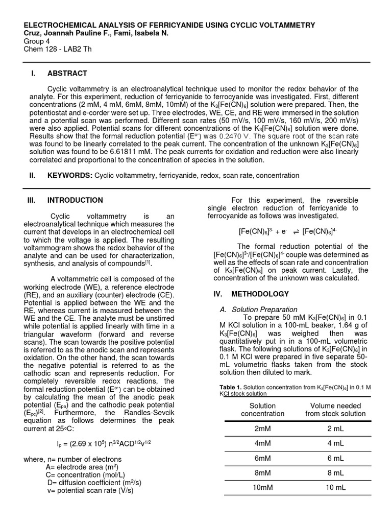 Ferricyanide Cyclic Voltammetry Analysis | PDF | Electrochemistry ...