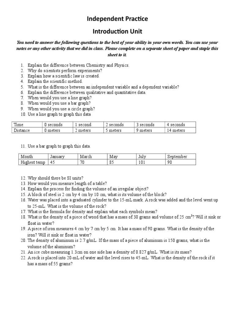 Independent Practice - Intro Unit | PDF