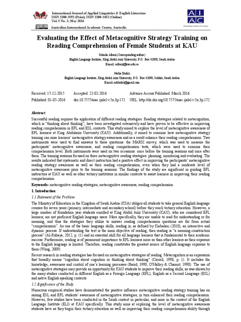 Evaluating The Effect Of Metacognitive Strategy Training On Reading Comprehension Of Female