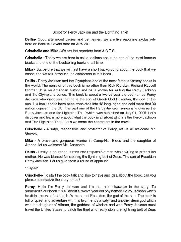 Script For Percy Jackson and The Lightning Thief | PDF | Mythology ...