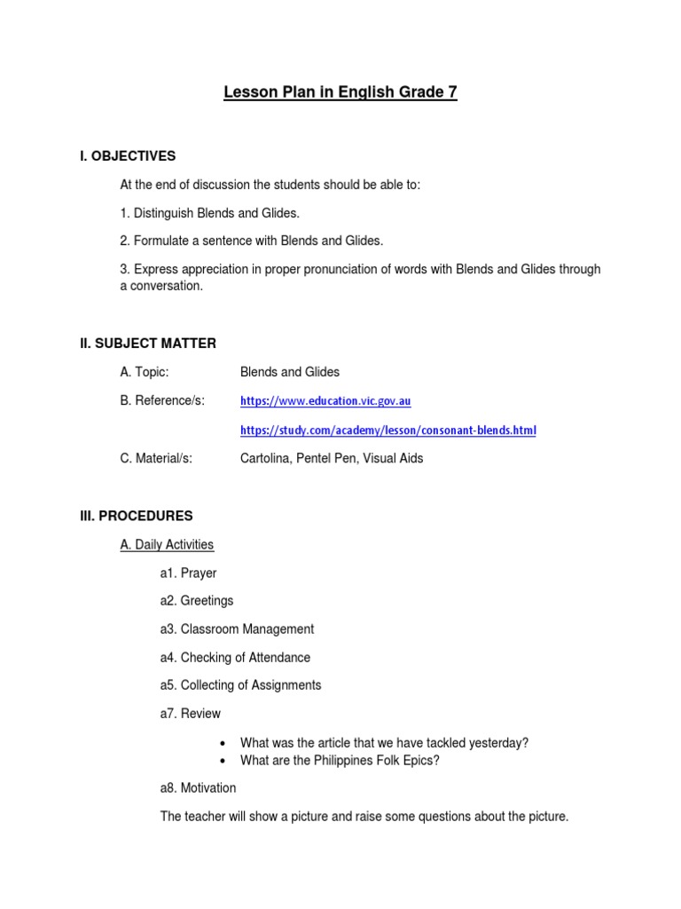 Lesson Plan in English Grade 7 | PDF | Lesson Plan | English Language