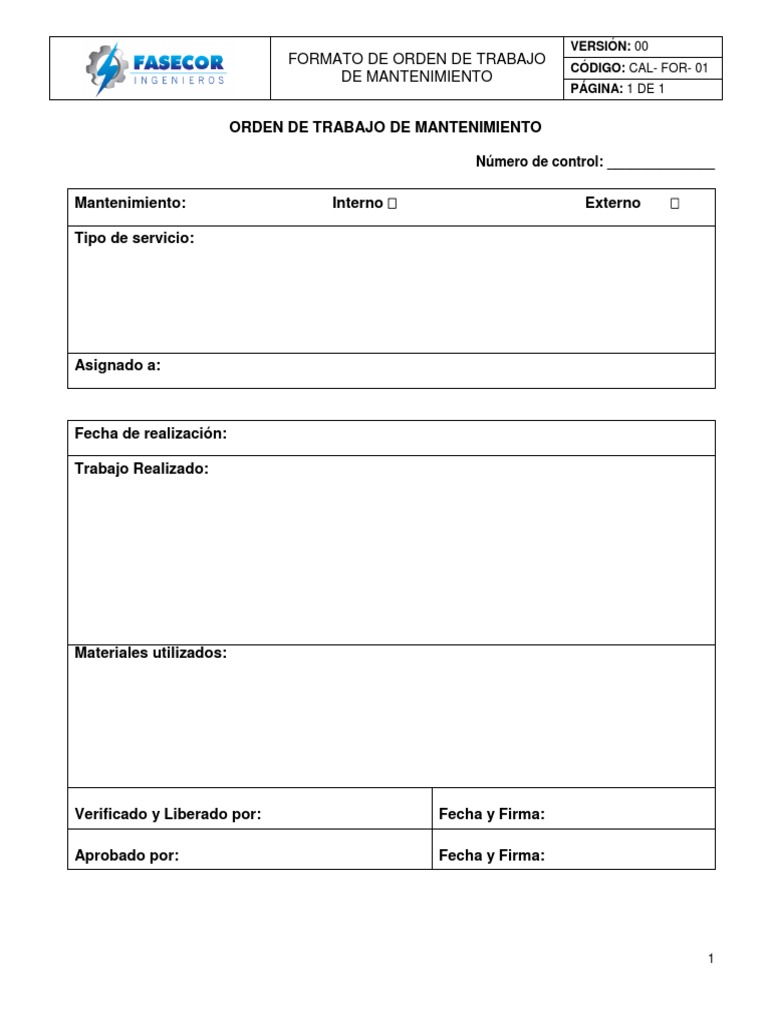 Formularios De órdenes De Trabajo De Mantenimiento Orden De Trabajo