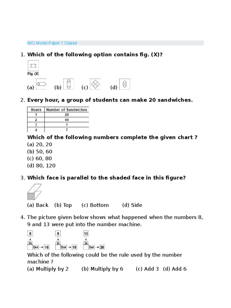 Class 4 Imo Model Papers | PDF | Rectangle | Litre