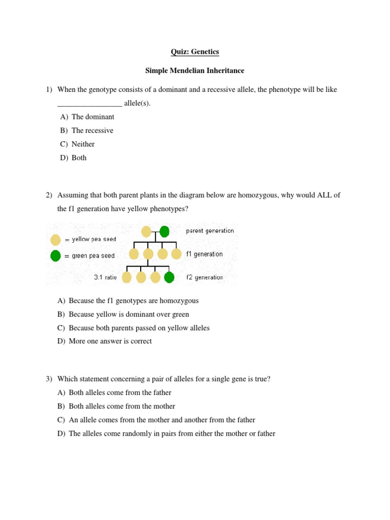 Quiz - Simple Mendelian Cross | PDF | Dominance (Genetics) | Genotype