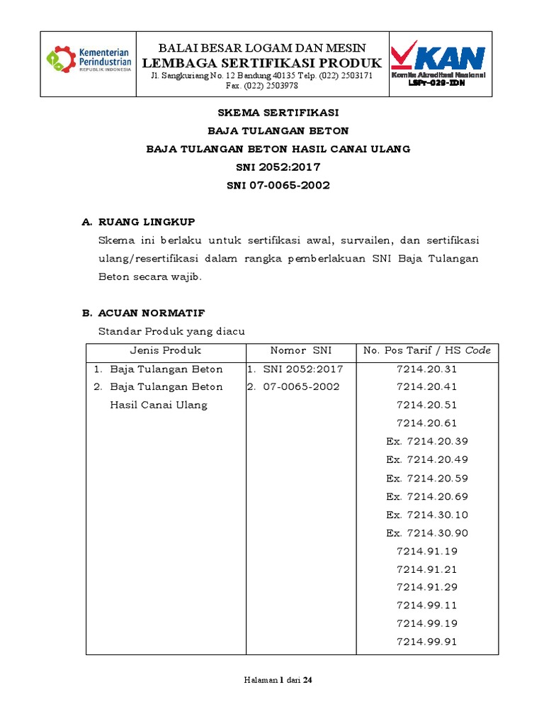 Skema SNI 2052-2017 Baja Tulangan Beton, SNI 07-0065-2002 Baja Tulangan ...