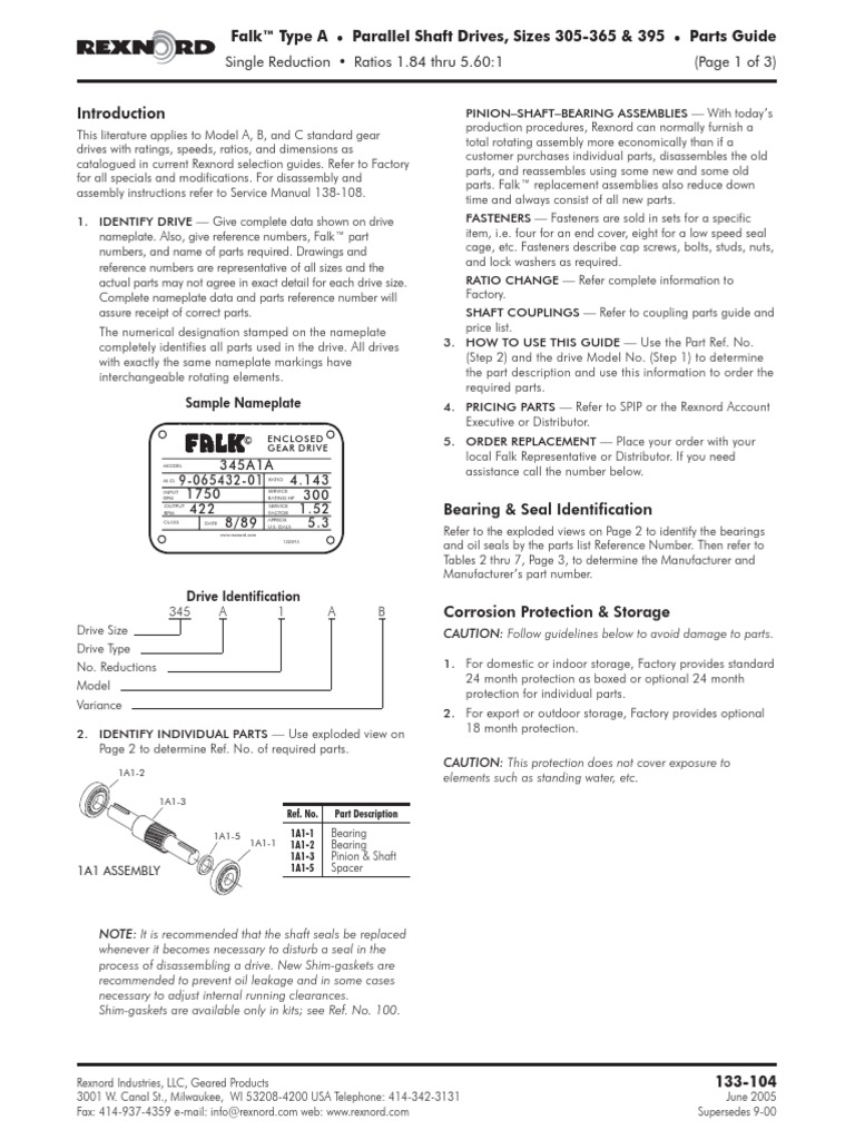 133 104 - Falk A Plus Type A1, Sizes 305 365,395 Shaft Drives - Parts ...
