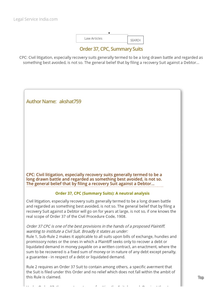 Order 37, CPC, Summary Suits PDF | PDF | Lawsuit | Cheque