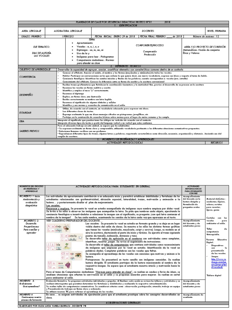 Plan de clases de lenguaje para primer grado con enfoque en vocales ...