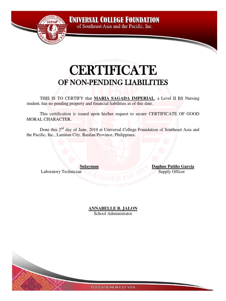 Certificate of Non-Pending Liabilities | PDF