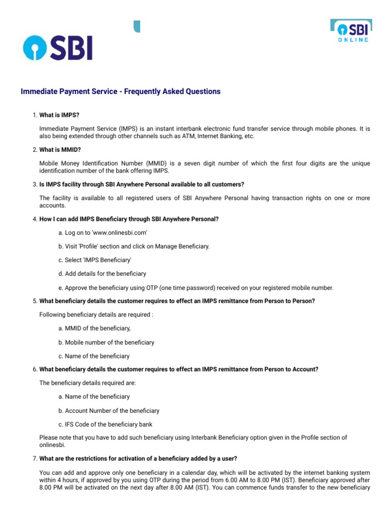 Frequently Asked Questions About Immediate Payment Service (IMPS ...