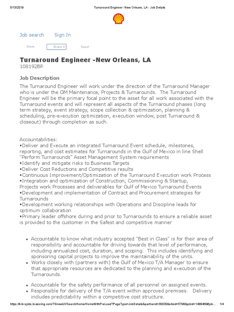 Turnaround Engineer - New Orleans, LA - Job Details - 108192BR PDF ...