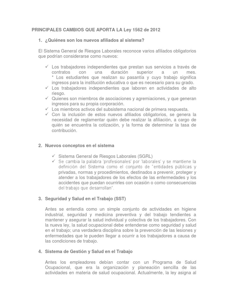 Cambios Clave en Ley 1562 de 2012 | PDF | Derecho laboral | Seguridad y ...