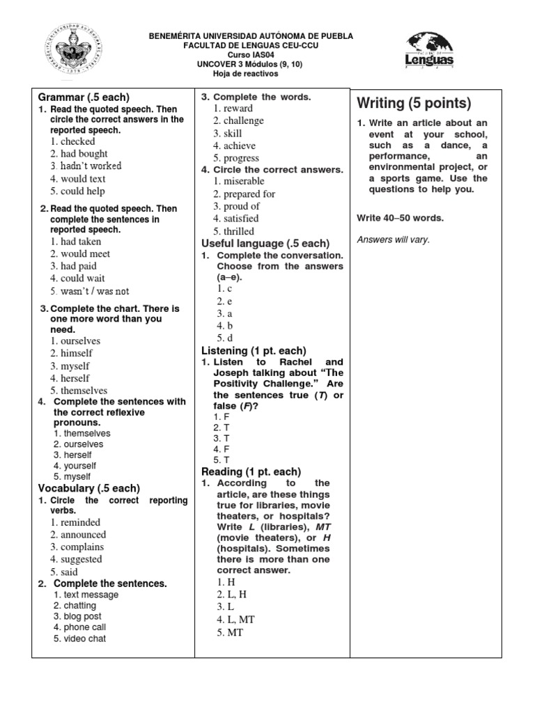 Uncover 3 Exams of Unit 9 and 10 Answer Key | PDF | Semiotics ...