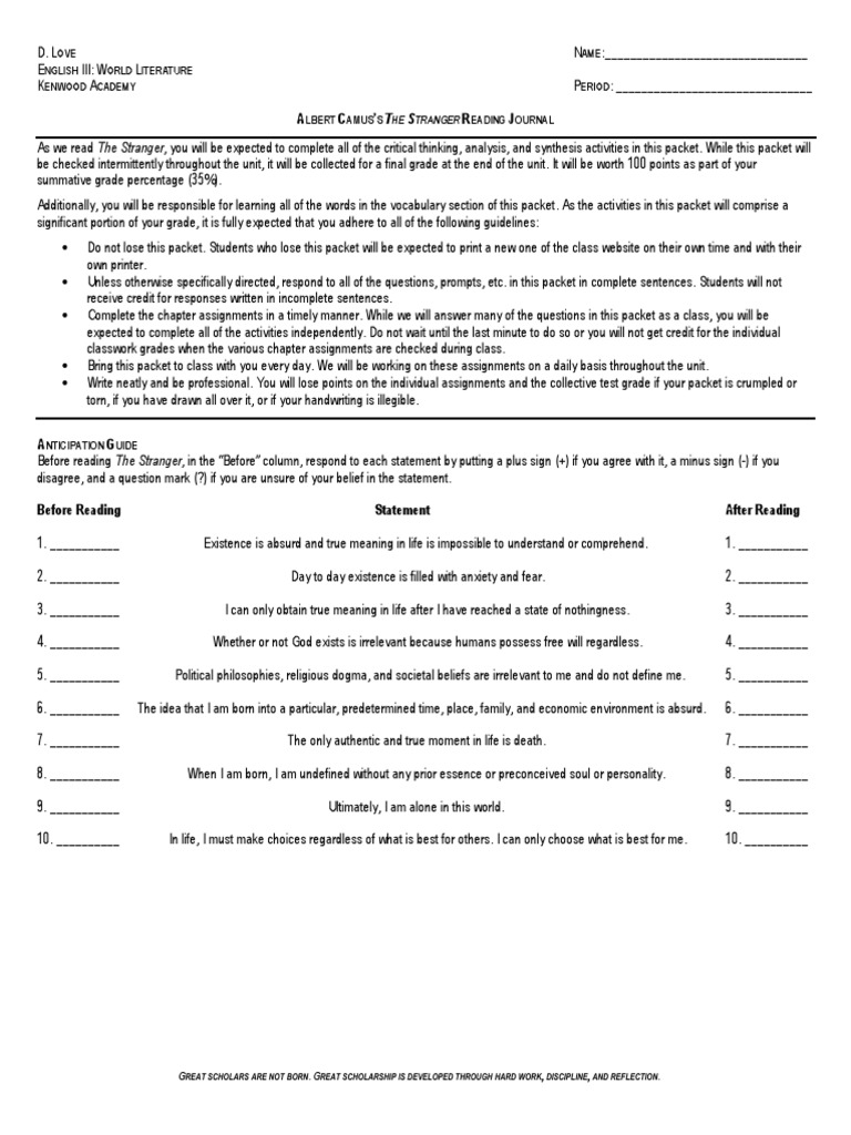 "The Stranger Reading Journal Guide" | PDF | Career & Growth | Language ...