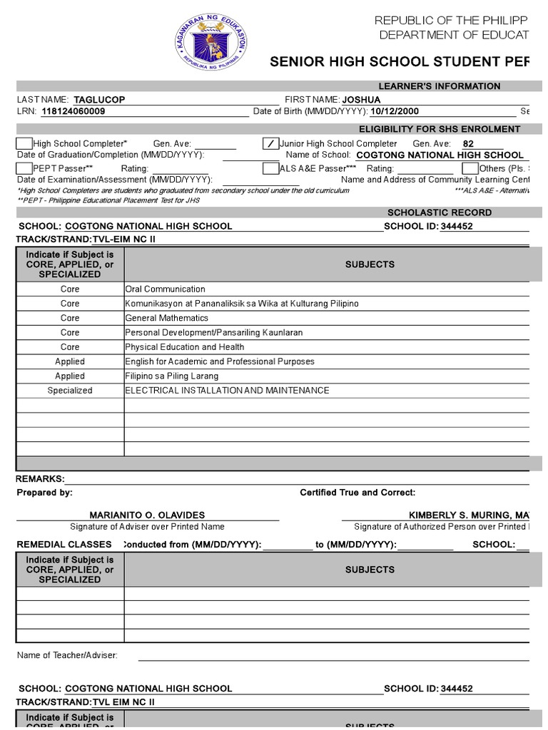 2 SHS School Form 10 SF10 | PDF | Curriculum | Science