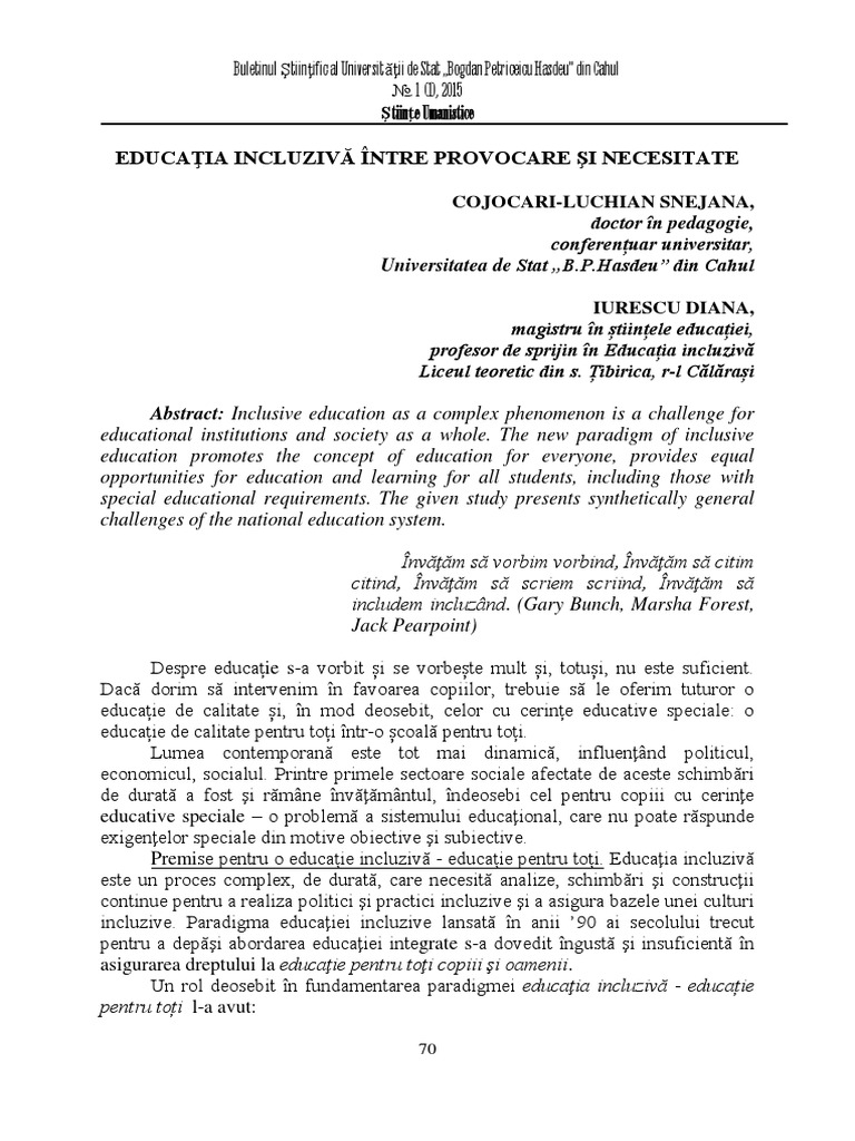 Educatia Incluziva Intre Provocare Si Ne PDF | PDF