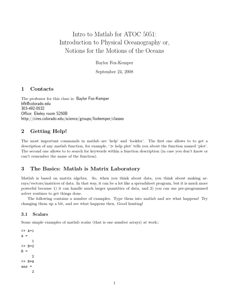 Matlab Primer | PDF | Matrix (Mathematics) | Linear Algebra