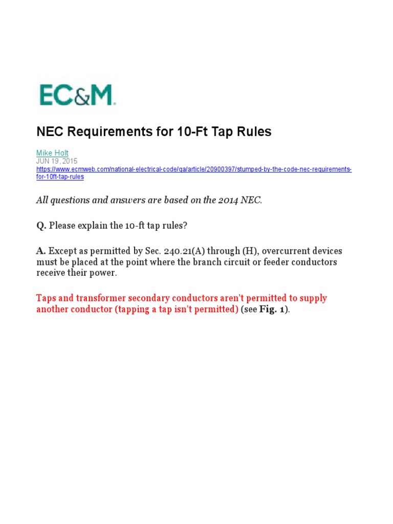 ECM-MH-240.21 NEC Requirements For 10 FT Tap Rules | PDF | Transformer ...
