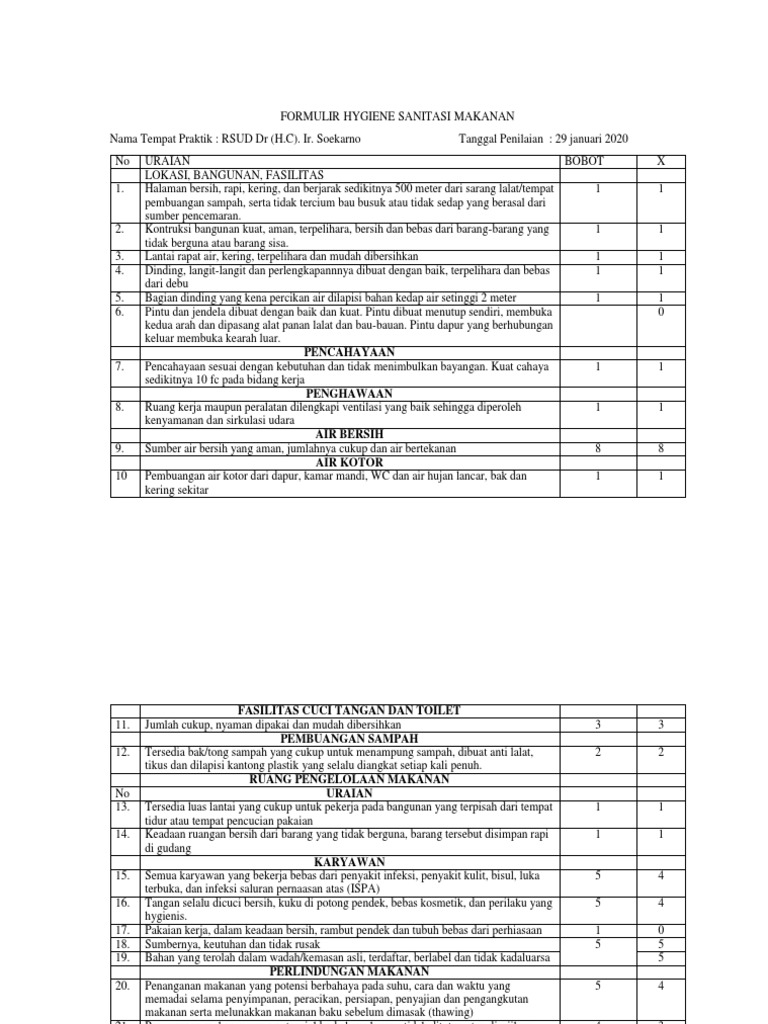 Form Hygiene Sanitasi | PDF