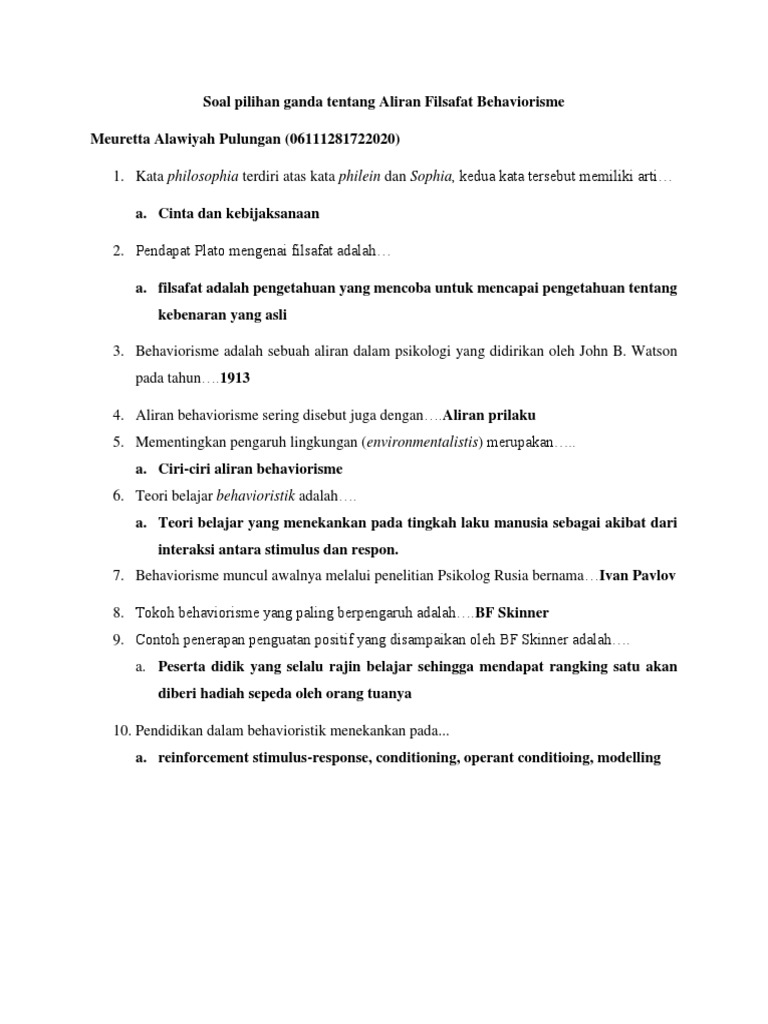 Soal Pilihan Ganda Tentang Aliran Filsafat Behaviorisme | PDF