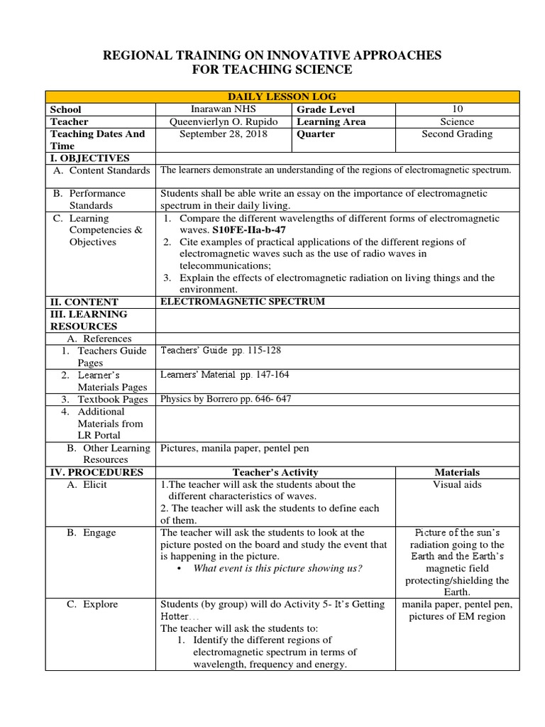 7e's Lesson Plan Queenvierlyn O. Rupido | PDF | Electromagnetic ...