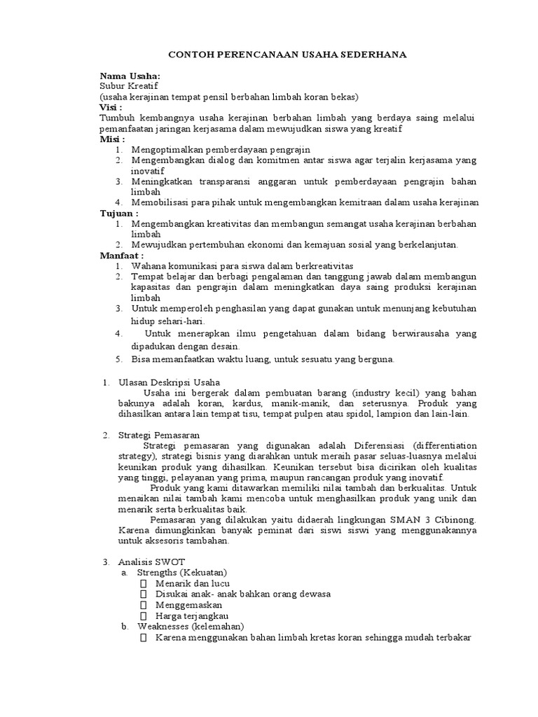 Contoh Perencanaan Usaha Sederhana | PDF