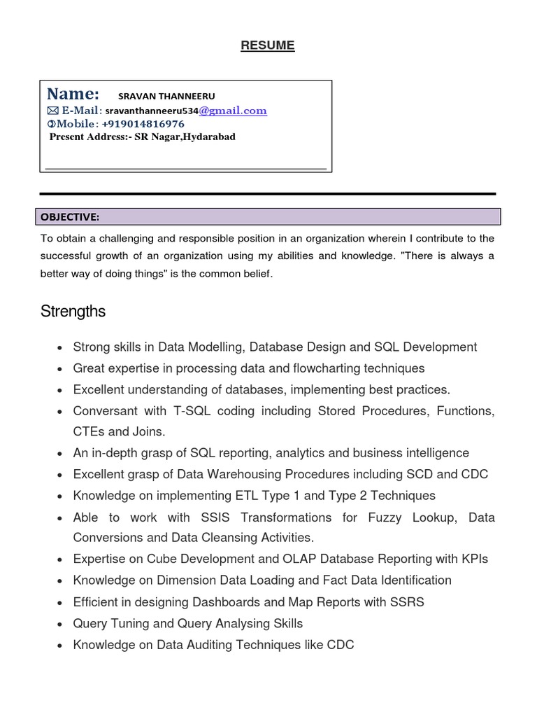 MSBI DEVELOPER RESUME FRESHER - Sravan | PDF | Databases | Data Management