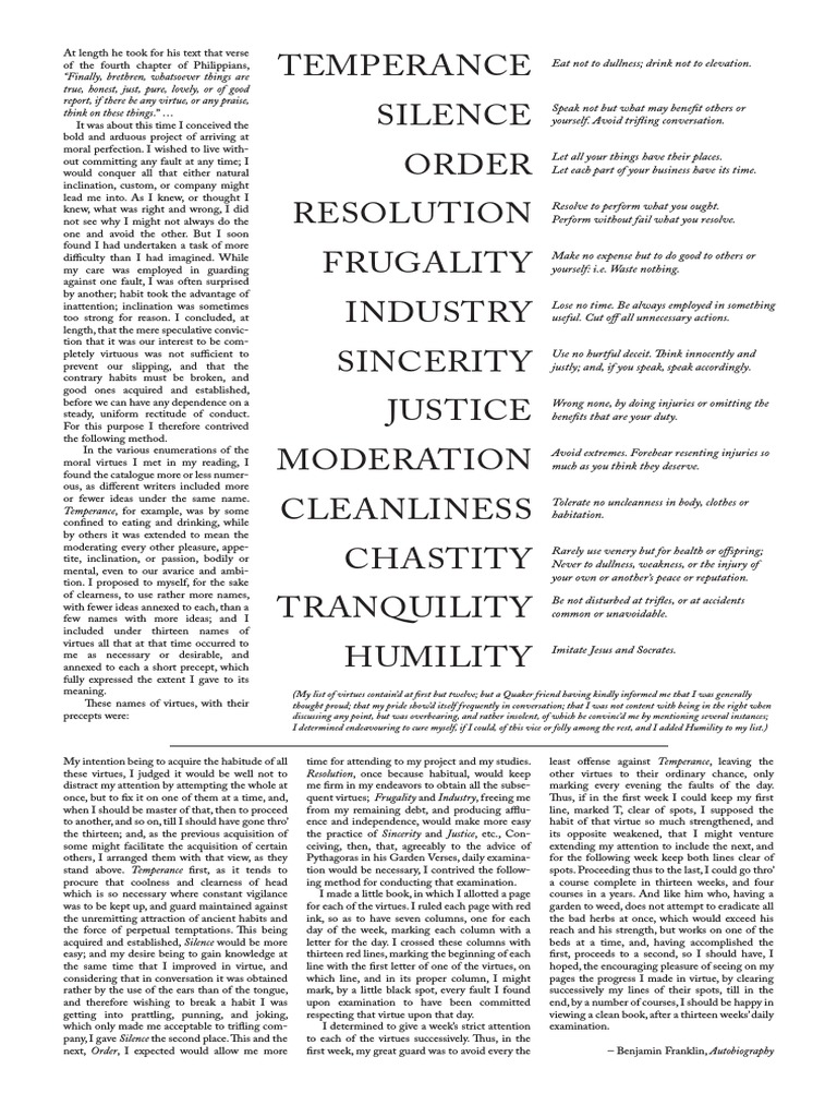Benjamin Franklin - 13 Virtues | PDF | Virtue