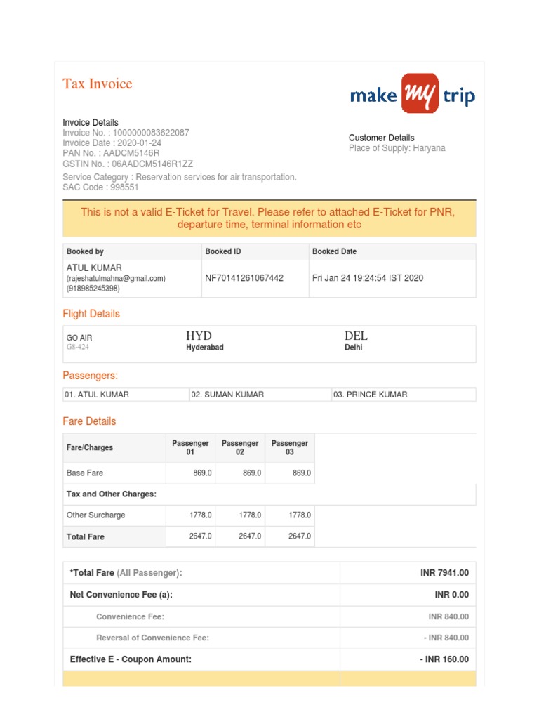 Invoice for air travel booking from Hyderabad to Delhi listing ...