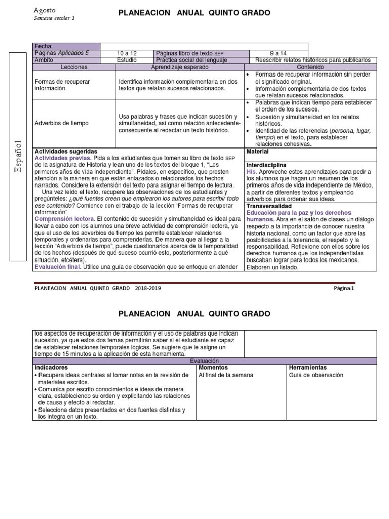 Planeacion Anual Quinto Grado 2019 | PDF | Fracción (Matemáticas ...