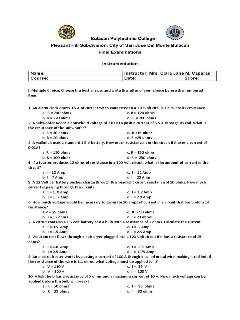 BPC Final Exam Instrumentation 2020 | PDF | Volt | Series And Parallel ...