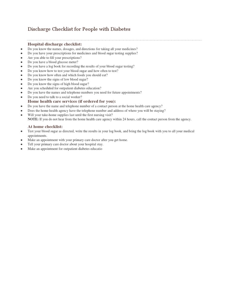 Diabetes Discharge Checklist PDF | PDF