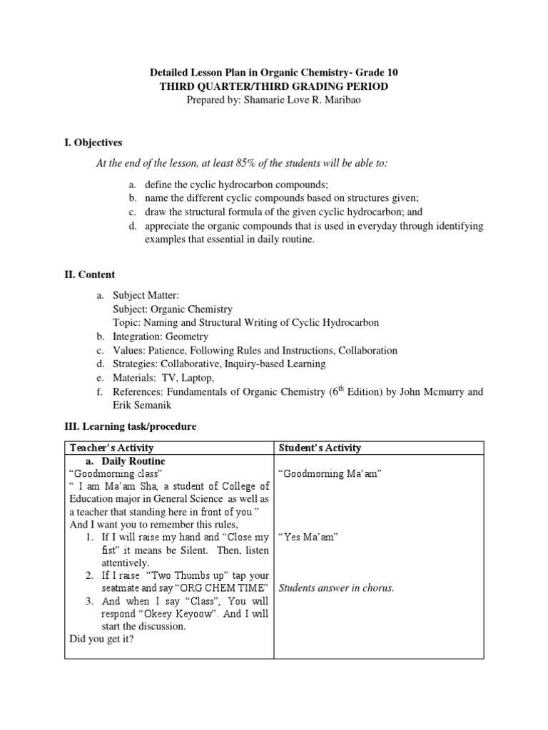 Detailed Lesson Plan in Organic Chemistry | PDF | Alkane | Functional Group