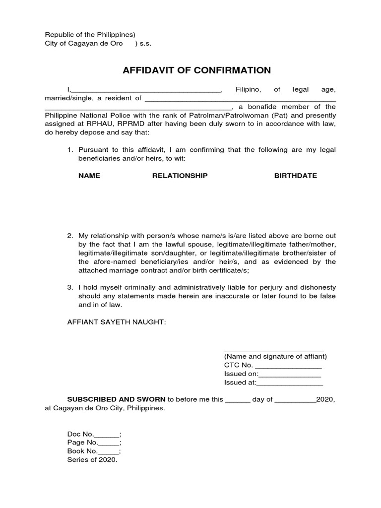 Affidavit of Confirmation-Blank | PDF