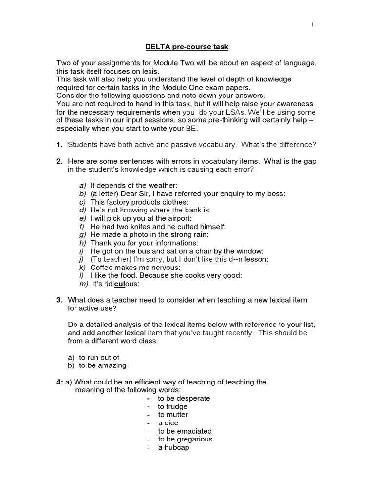 DELTA Pre-Course Task - Lexis | PDF | Vocabulary | Psycholinguistics