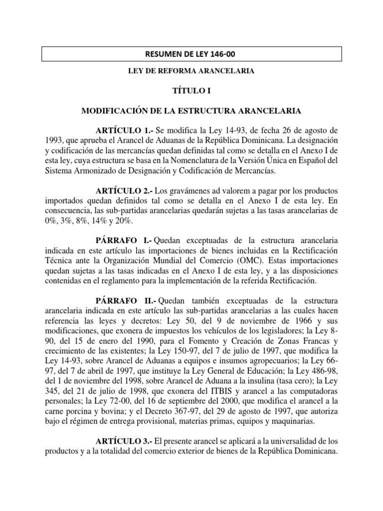 Resumen de Ley 146 | PDF | Arancel | aduana