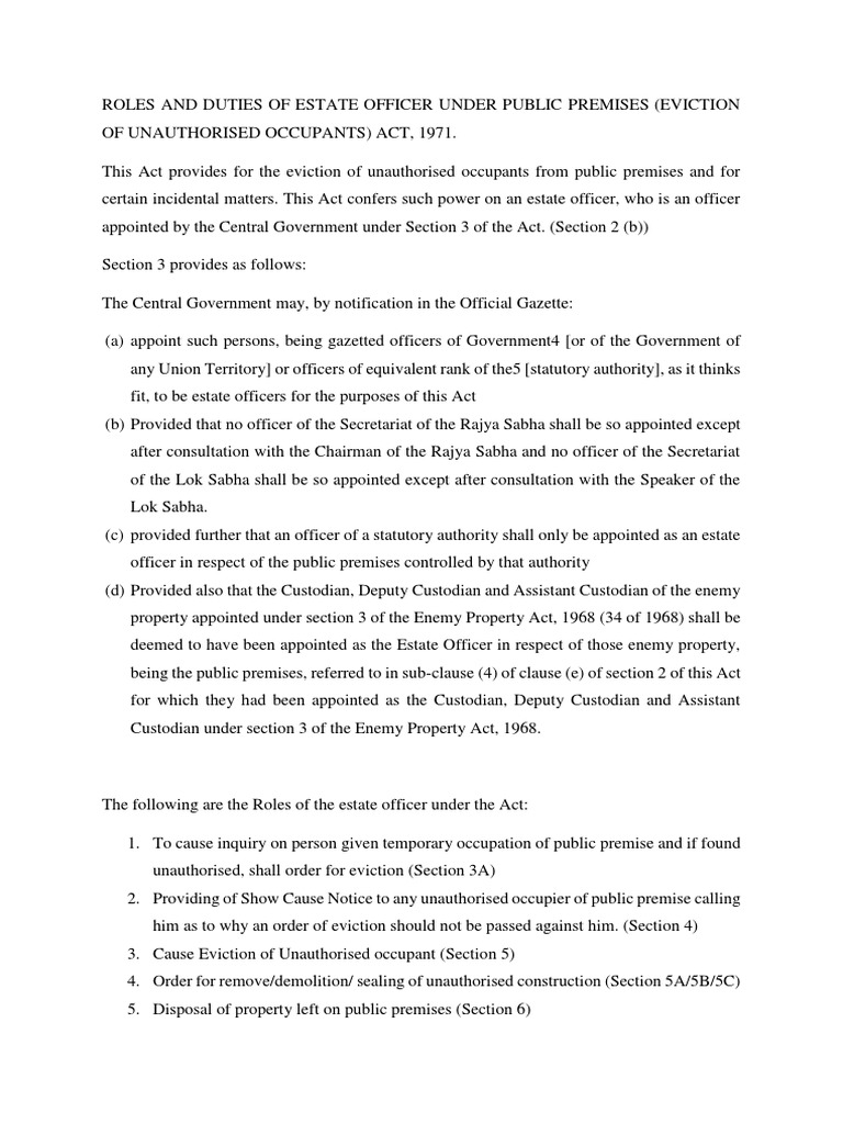 Roles and Duties of Estate Officer Under Public Premises - Act ...