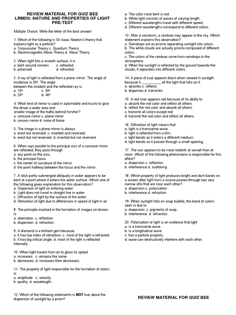 Quiz on Nature and Properties of Light | PDF | Reflection (Physics) | Light