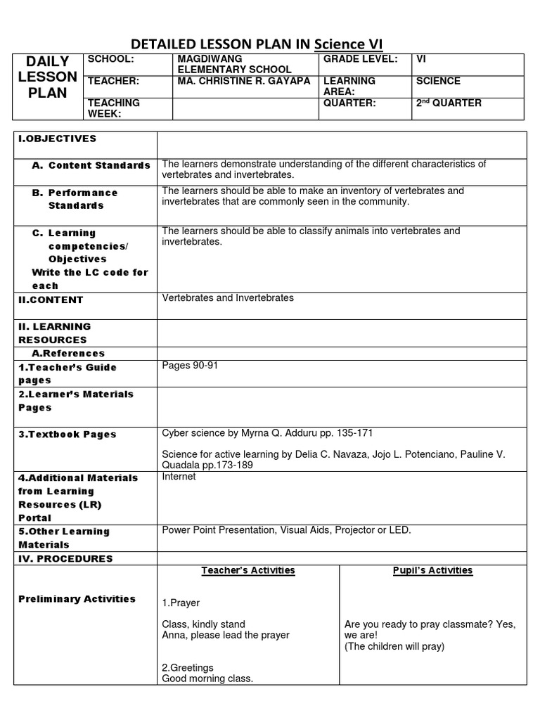 A LESSON PLAN IN SCIENCE 6 Vertebrates and Invertebrates | PDF ...