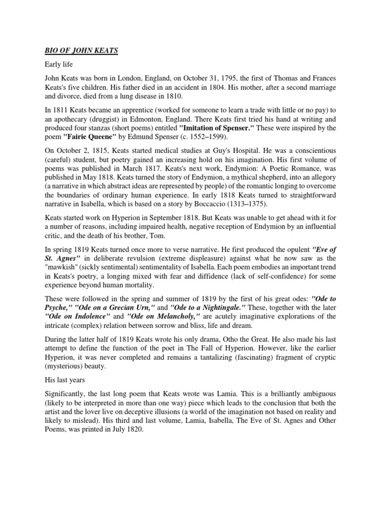 Bio of Keats | PDF | John Keats | Poetry