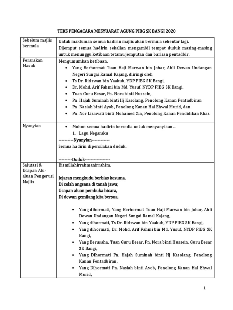 Teks Pengacara Majlis Mesyuarat Agung Pibg 2020 | PDF