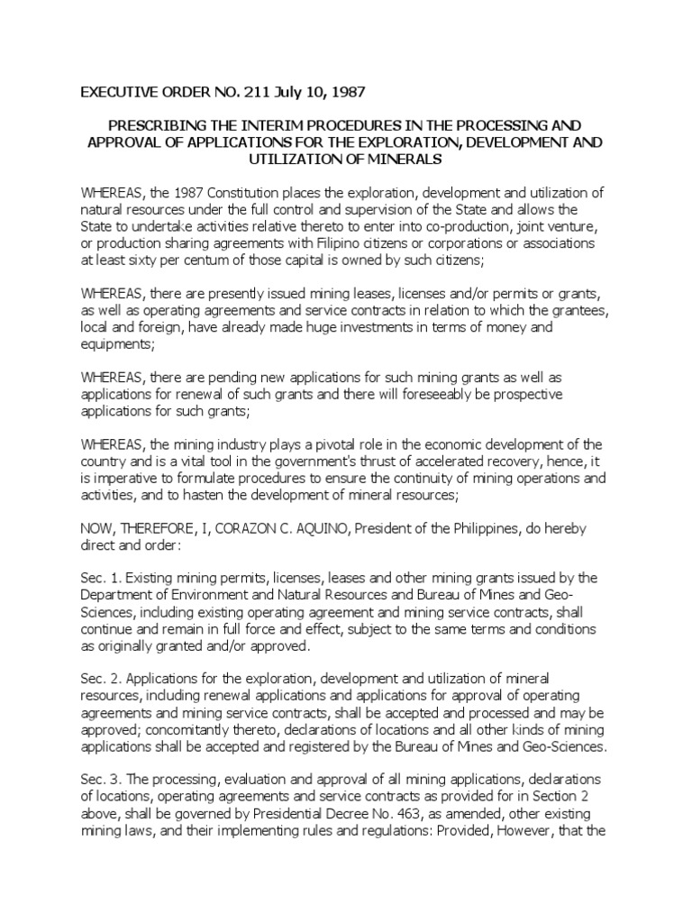 Eo 211 | PDF | Executive Order | Mining