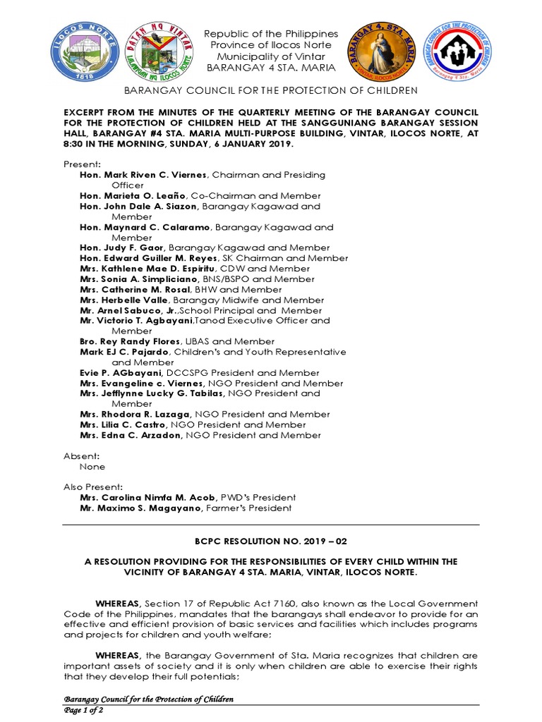 BCPC Resolution Number 002 (Series 2019) | PDF | Government | Social ...